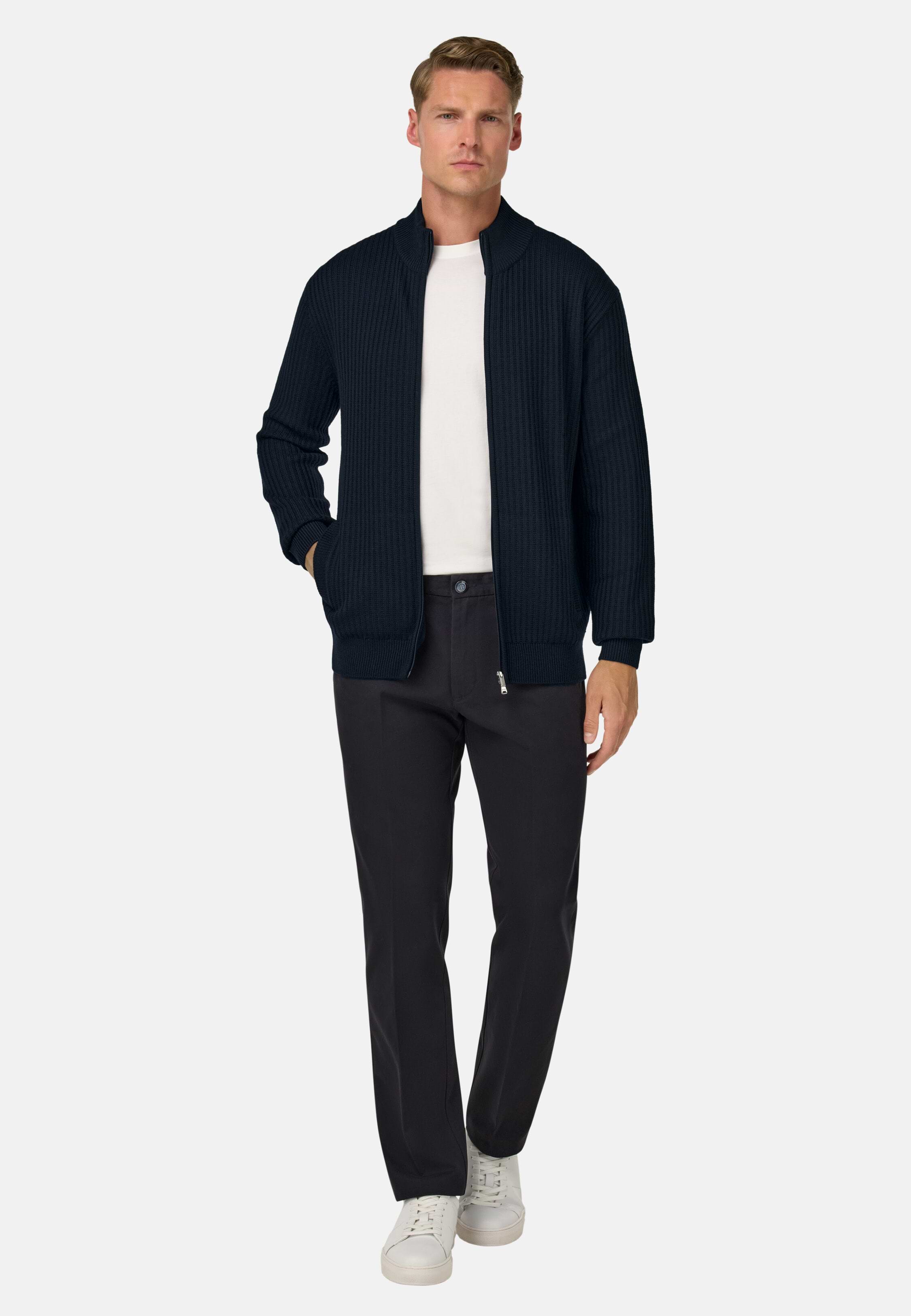 Men's Merino Wool Full Zip Rib Sweater | Boggi Milano